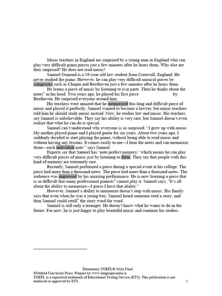 Musical Genius: Samuel Osmond's Talent | PDF | Test Of English As A ...