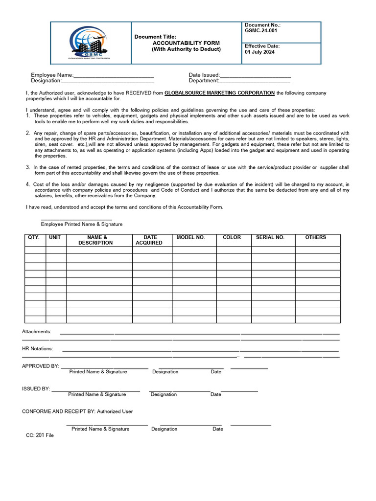 01 Accountability Form | PDF | Business