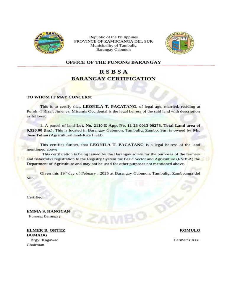 Rsbsa Cert | PDF
