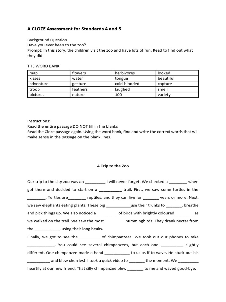 Cloze Assessment - STD 4 and 5 | PDF