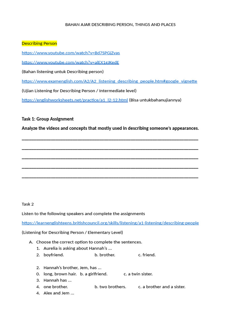 Contoh 4. Bahan Dan Activity Describing Person-Place-Thing | PDF ...