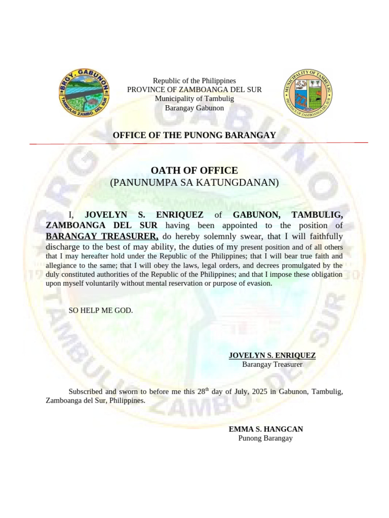 Oath of Office for Barangay Treasurer | PDF