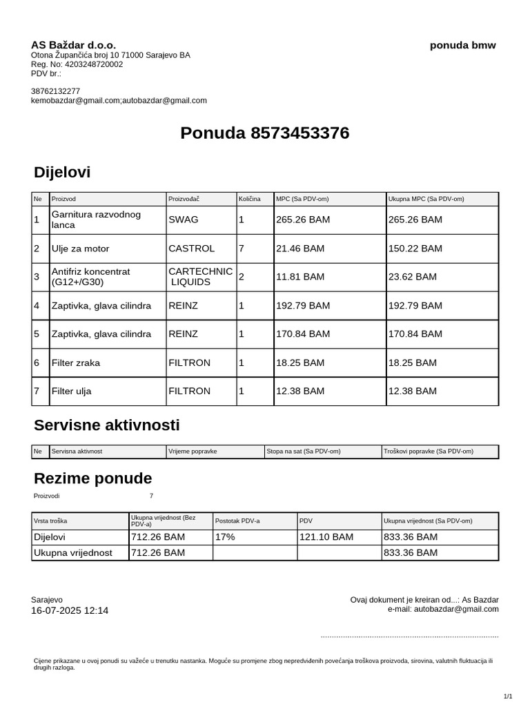 Ponuda 8573453376: Dijelovi | PDF