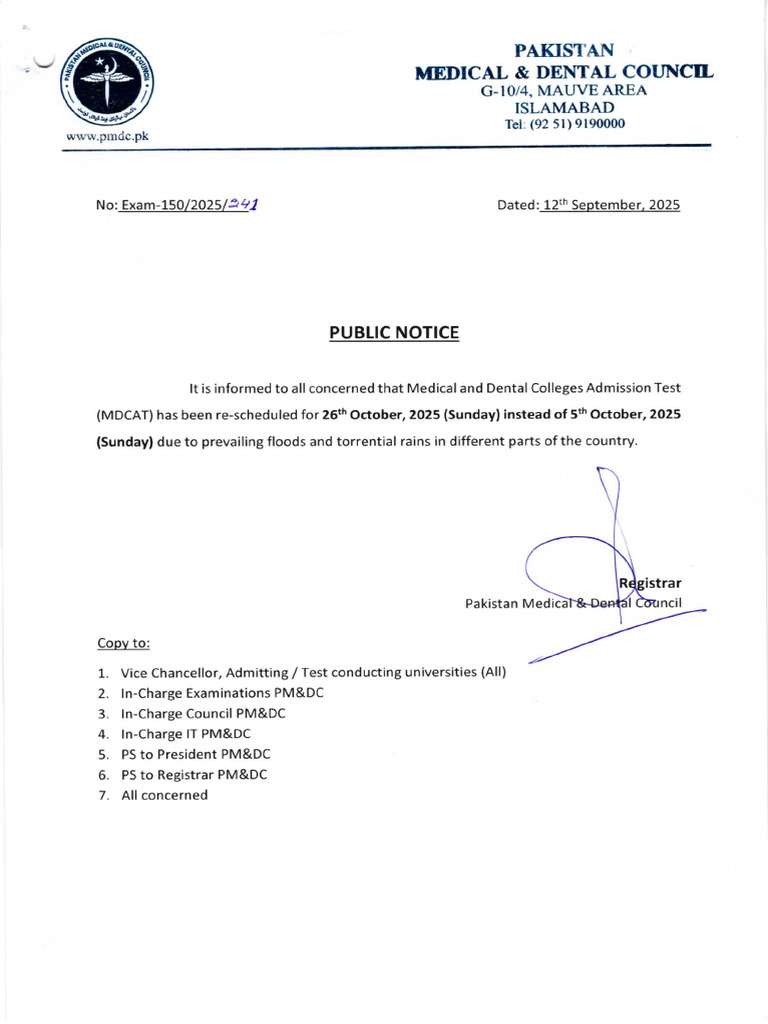 Public Notice Regarding Re-Scheduled of MDCAT-2025 | PDF