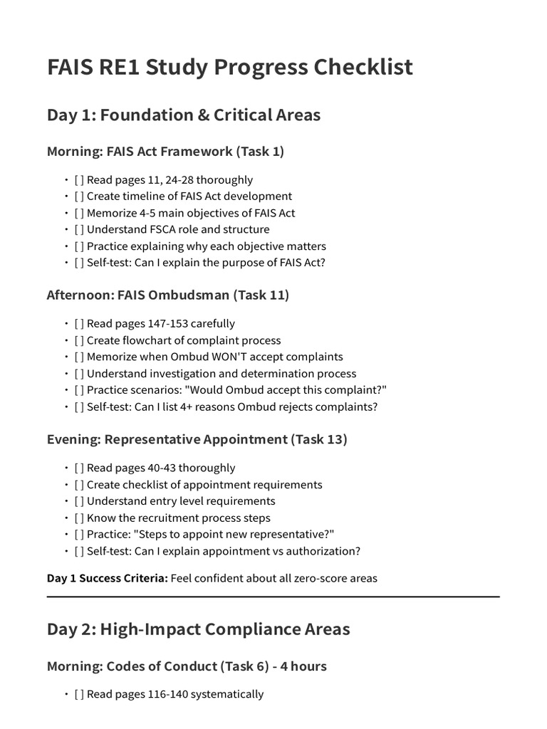 FAIS RE1 Study Progress Checklist | PDF