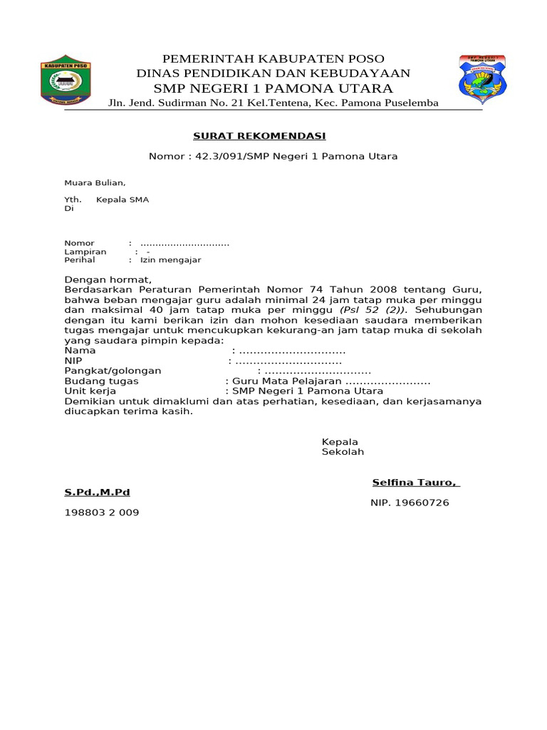 Surat Izin Mengajar SMP Negeri 1 Poso | PDF