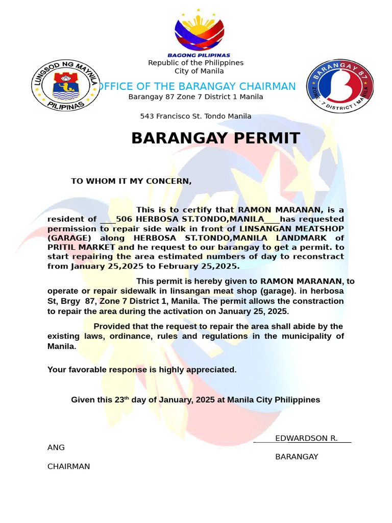 Barangay Permit 2025 Repair The Area | PDF