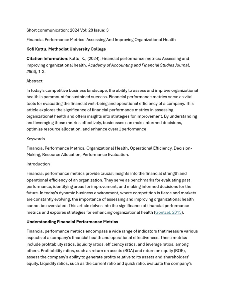 Financial Metrics for Organizational Health | PDF | Performance ...