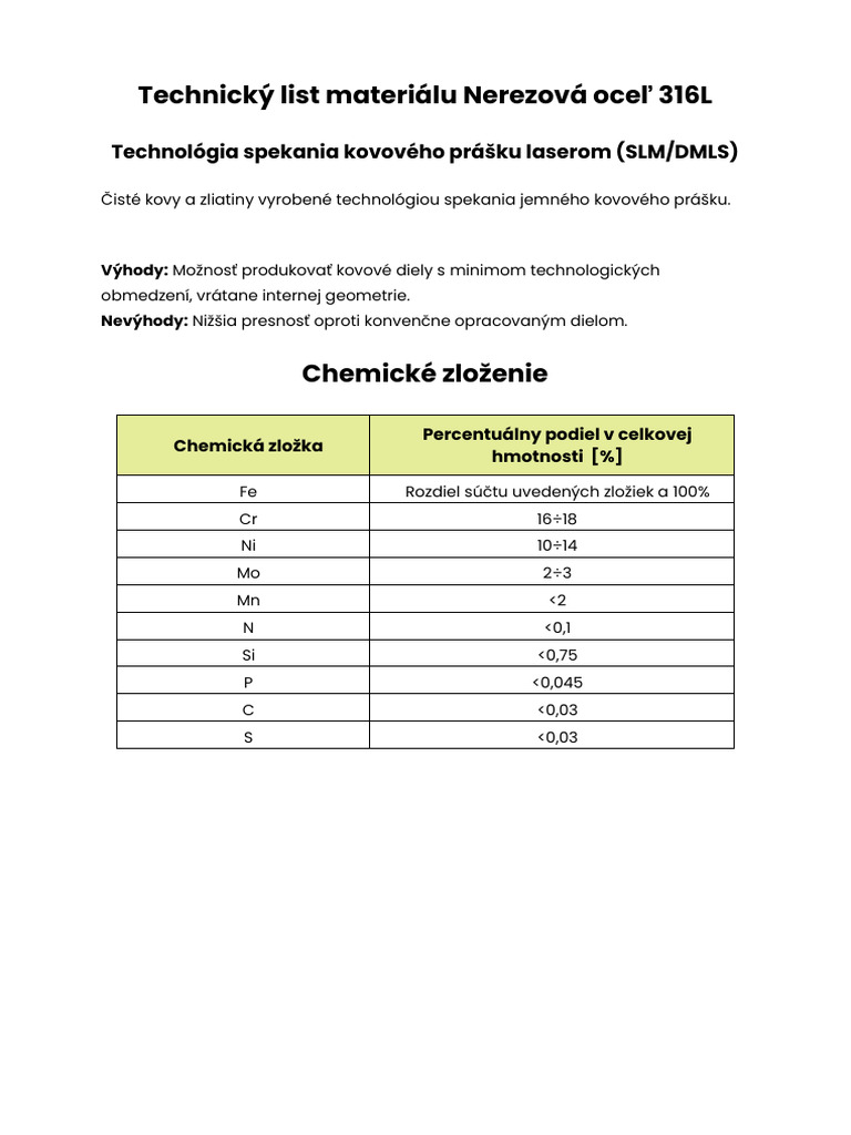 Technicky List Nerezova Ocel 316L Technologia SLM 1 | PDF