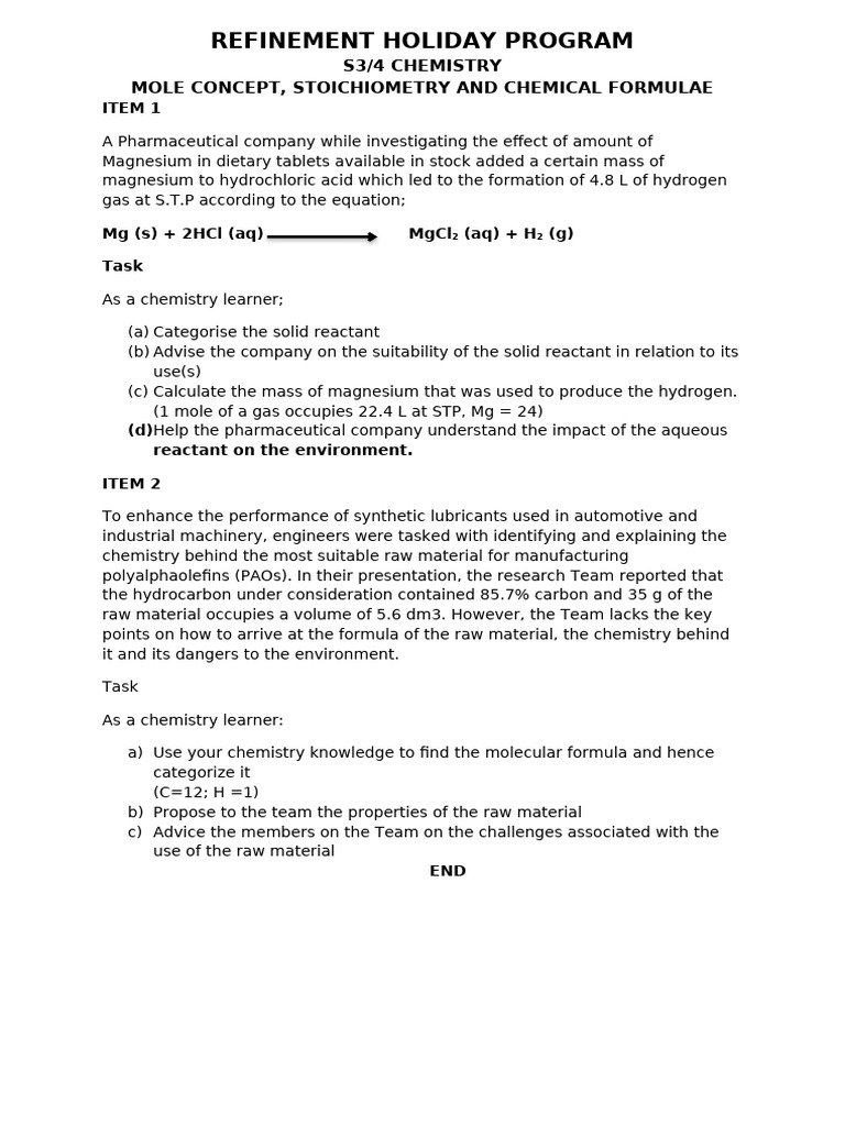 s3 Chem Refinement Holiday Program Mole Concept | PDF