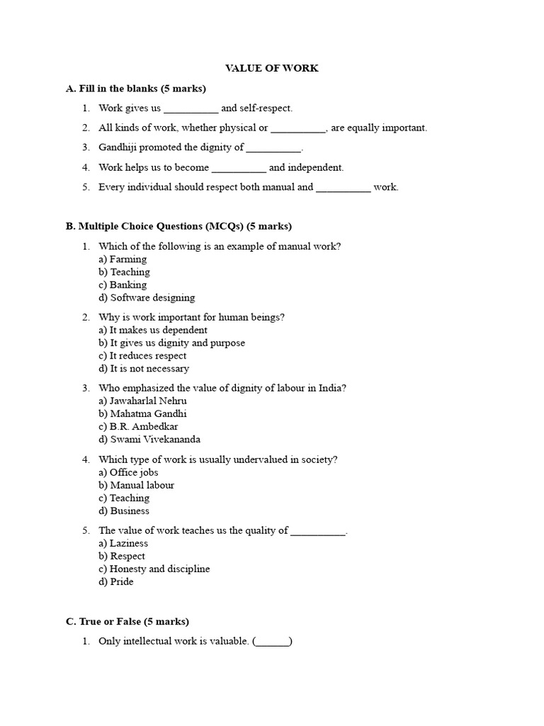 Value of Work Revision WS | PDF