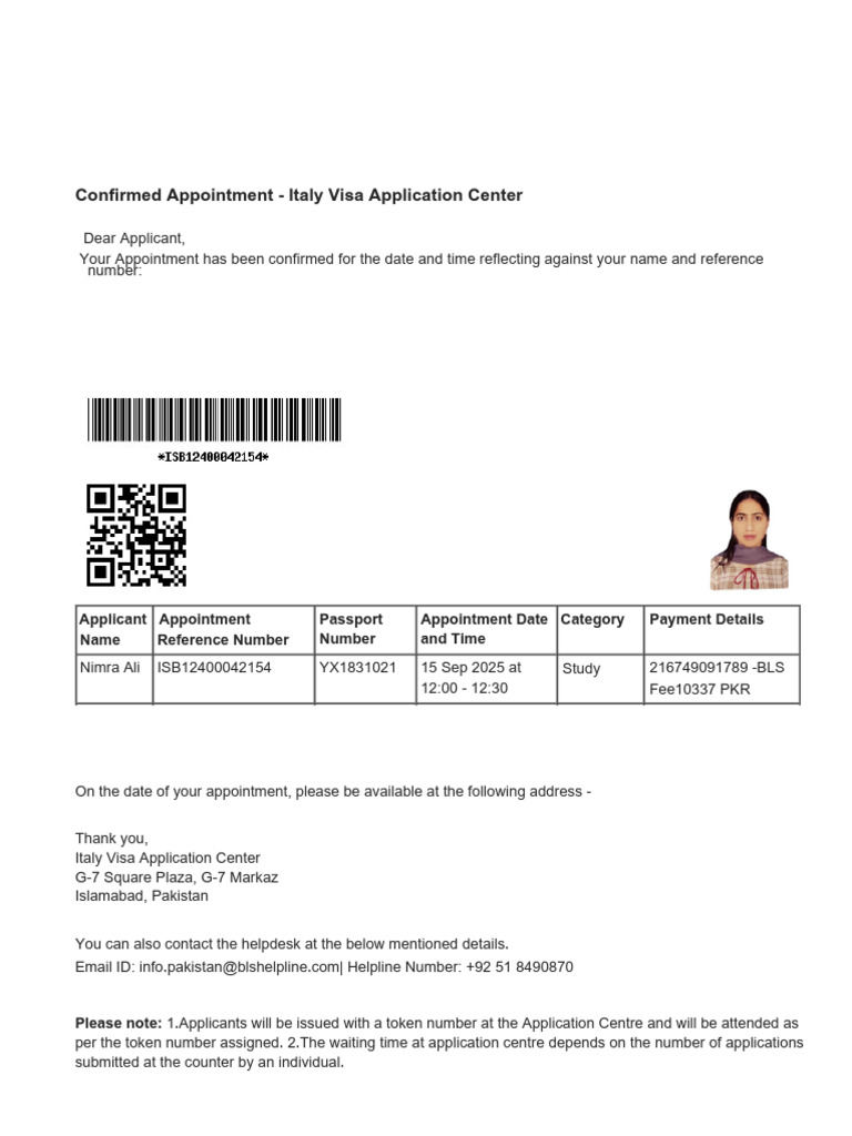 Italy Visa Appointment Confirmation | PDF | Travel Visa