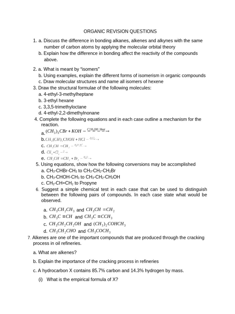 Organic Chemistry Revision Questions | PDF | Alkene | Molecules