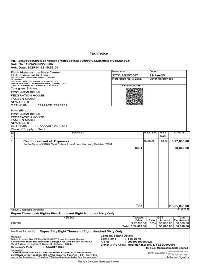 FICCI Invoice for Real Estate Summit | PDF | Taxes | Public Finance
