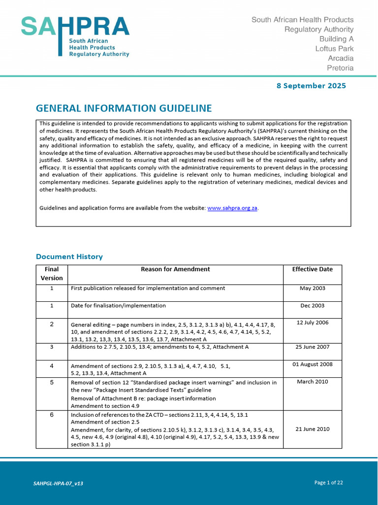 SAHPRA General Information Guideline On Applications For Registration of Medicines - 8 September ...