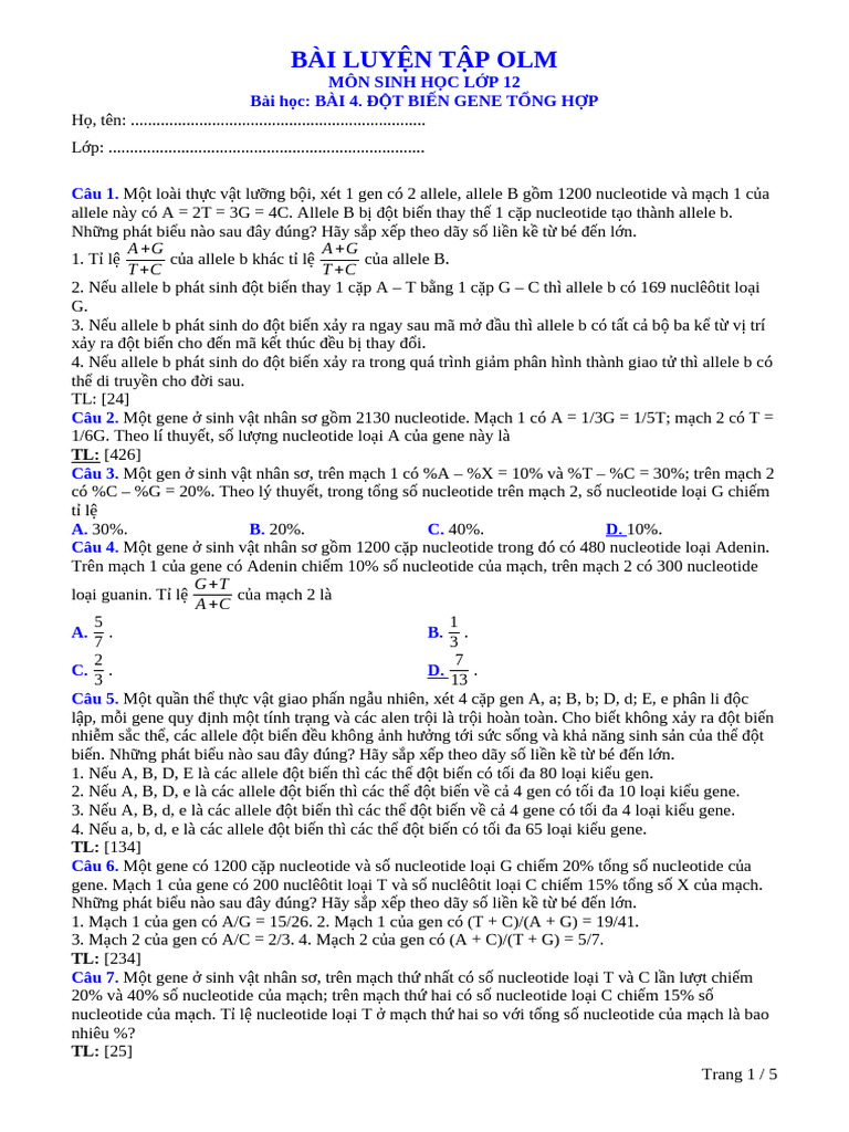 Bai 4 Ot Bien Gene Tong Hoplrjptap An 2 | PDF