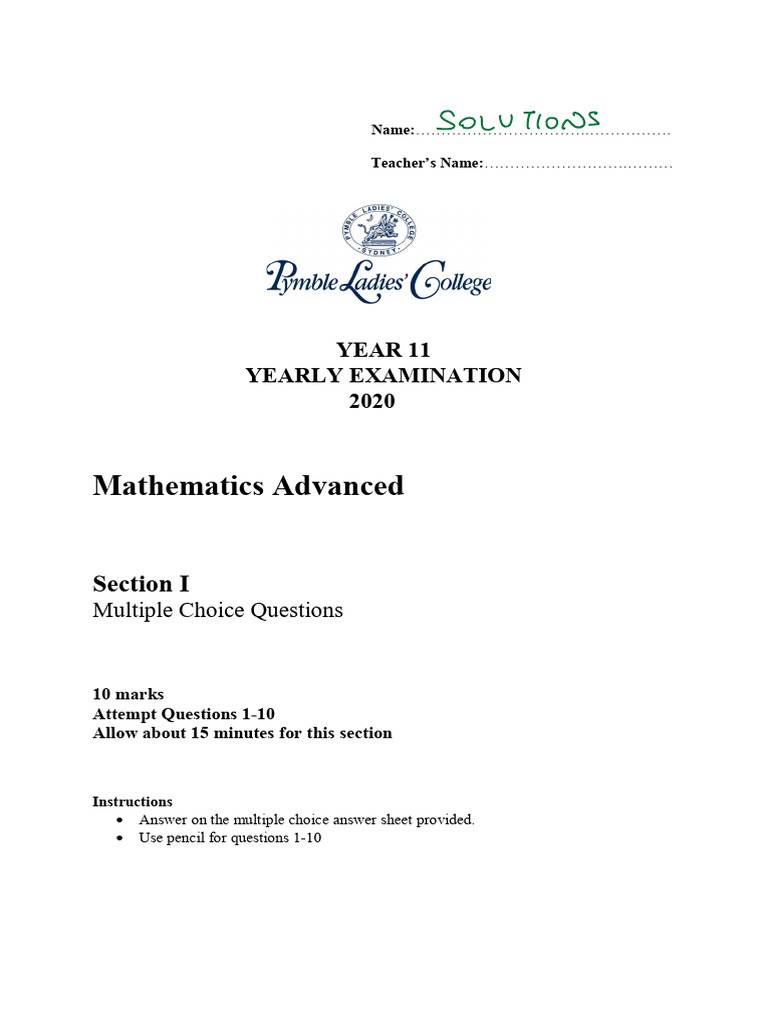 Year 11 Mathematics Exam 2020 | PDF | Mathematics | Analytic Geometry