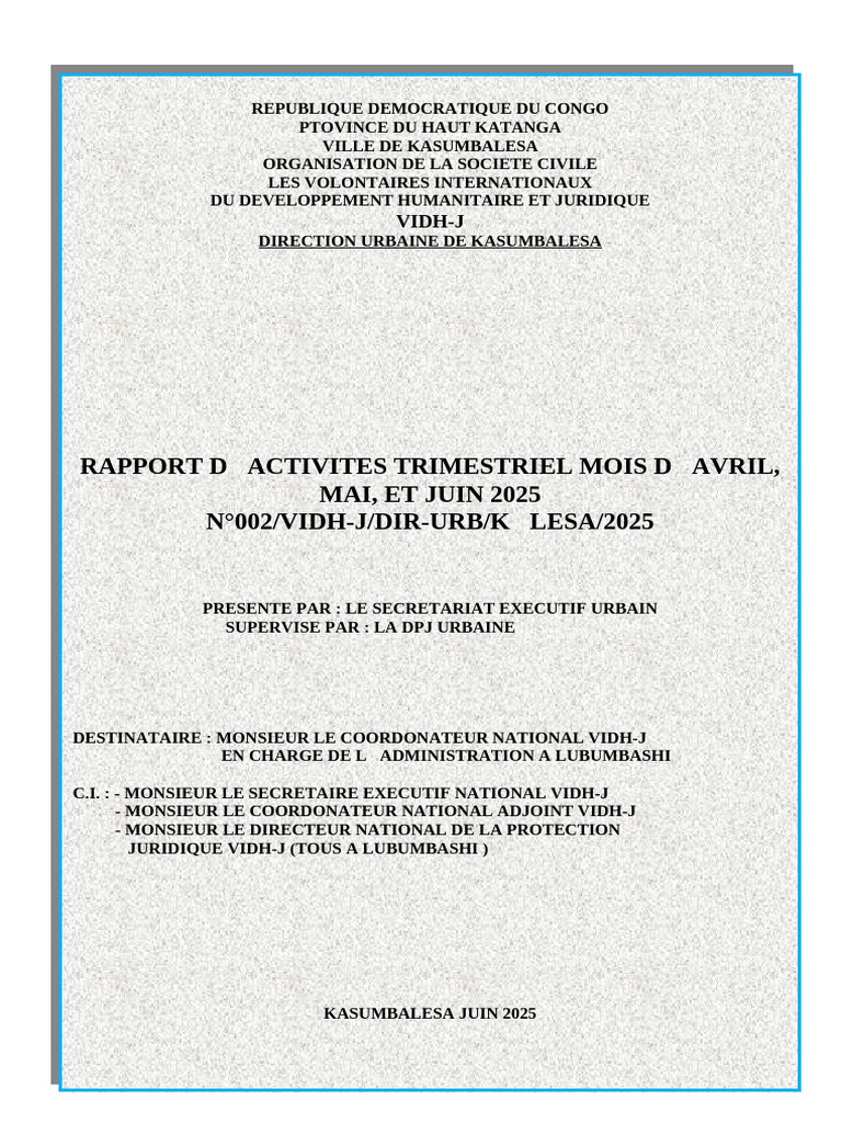 Rapport Trimestriel VIDH-J KASUMBALESA | PDF | Banques