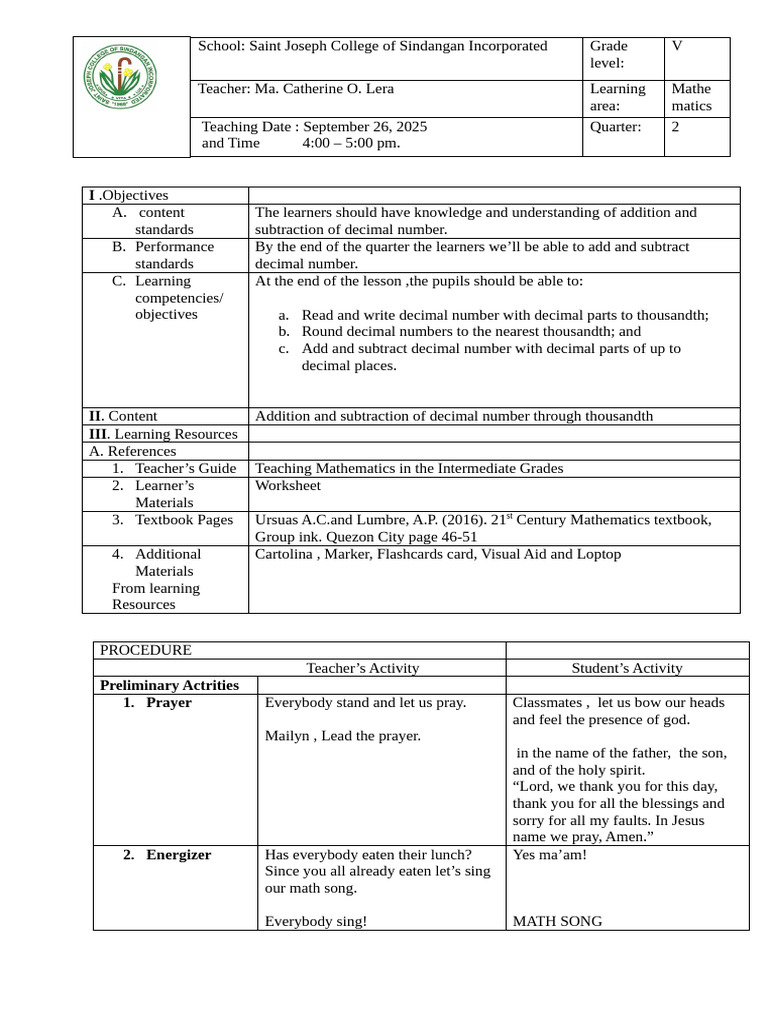 Mathematics 5 MATATAG DLP | PDF | Numbers | Teachers