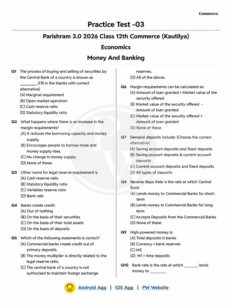 Practice Test 03: Economics Test Paper | PDF | Money | Banks