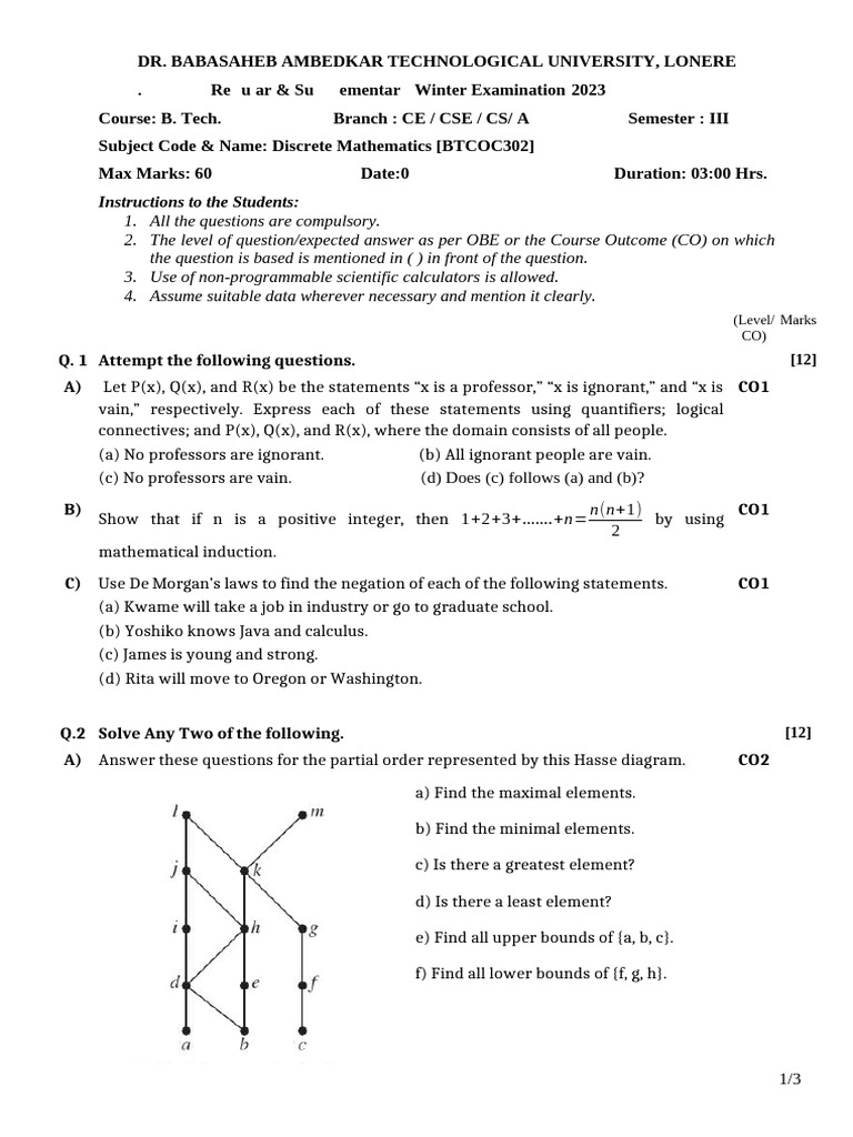 Discrete Mathematics Question Paper 1 | PDF | Discrete Mathematics | Theoretical Computer Science