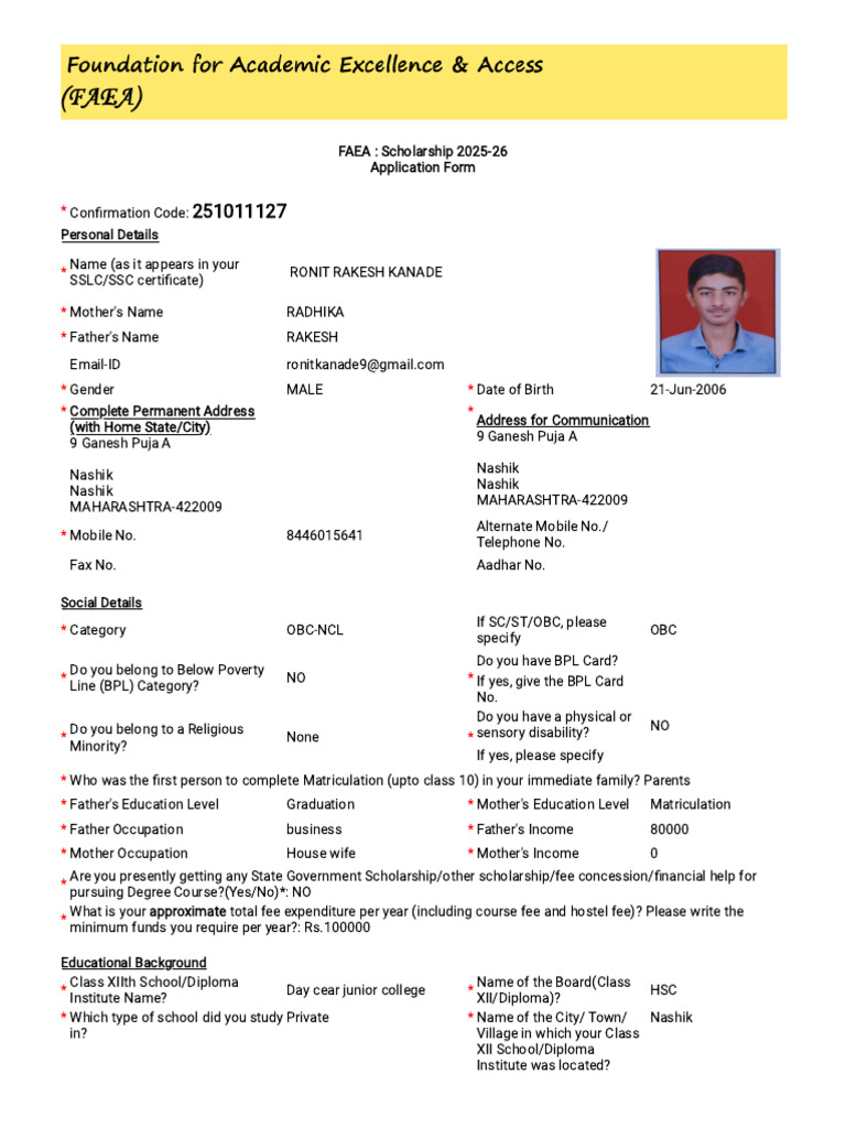 Online Application - FAEA 2025-26 Ronit | PDF