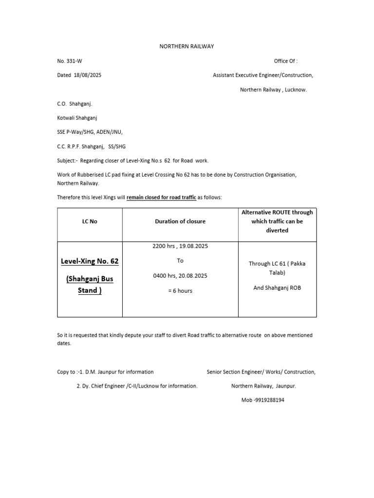 Closure Notice for Level Crossing 62 | PDF