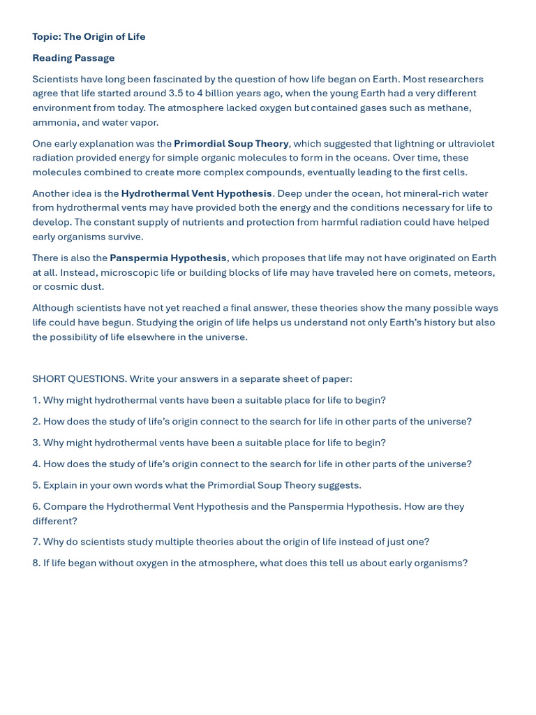 q2 Origin of Life Reading Comprehension Quiz | PDF