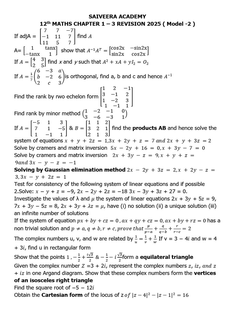 12th Maths Revision: Chapters 1-3 Guide | PDF | Equations | Complex Number