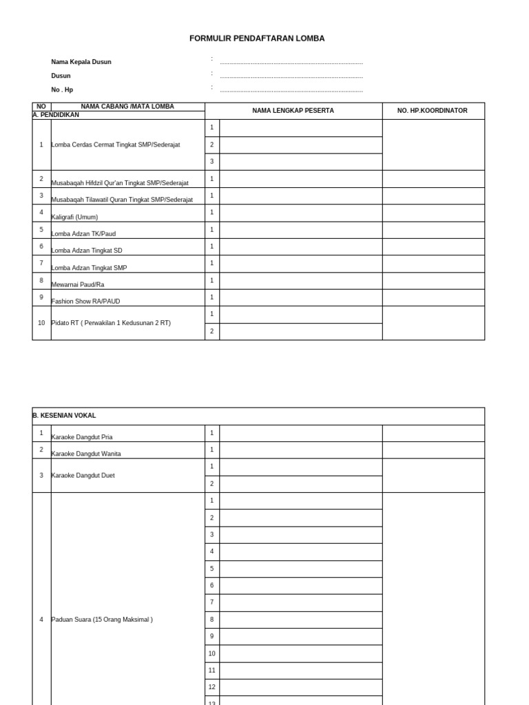 Formulir Pendaftaran Lomba | PDF
