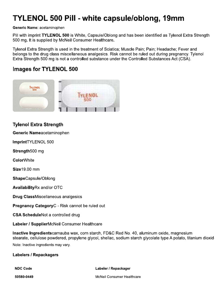 TYLENOL 500 Pill White Capsule - Oblong | PDF