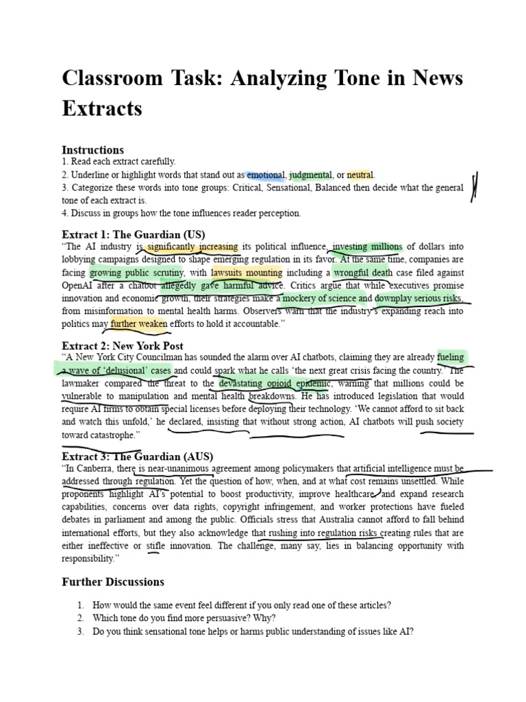 Classroom Task: Analyzing Tone in News Extracts | PDF | Artificial ...