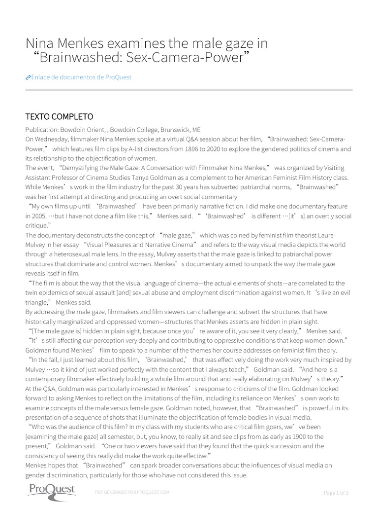 Nina Menkes on Male Gaze in Film | PDF | Gender Studies | Gender Equality