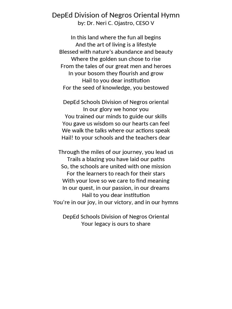 DepEd Division of Negros Oriental Hymn | PDF