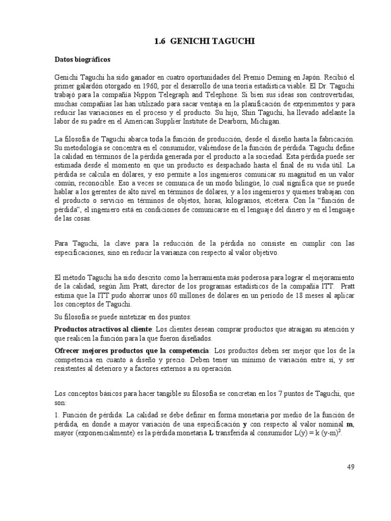 Filosofía de Genichi Taguchi en Calidad | PDF | Función de pérdida ...