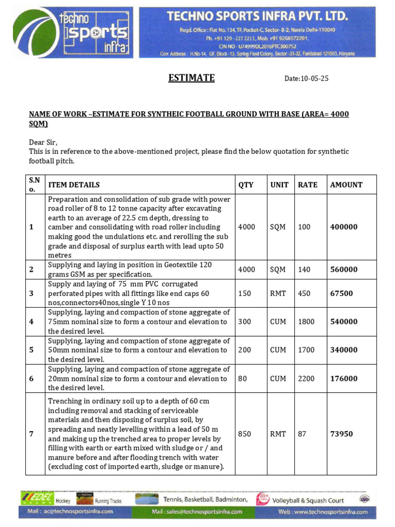 Synthetic Football Ground Estimate | PDF | Natural Materials | Materials