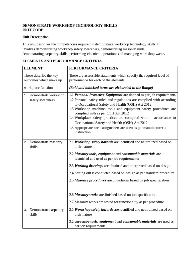 Demonstrate Workshop Technology Skills Os | PDF | Personal Protective ...