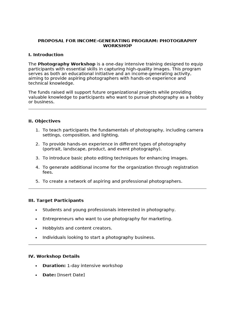 Proposal for Income-generating Program Photography Workshop | PDF ...