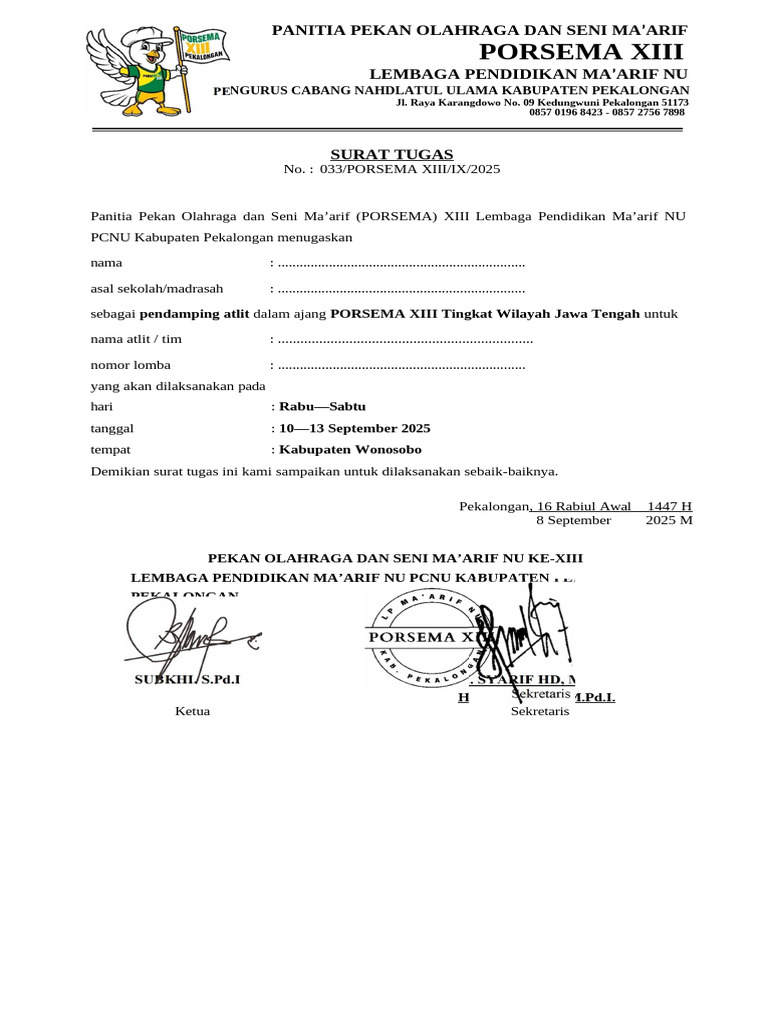 Surat Tugas Pendamping PORSEMA XIII | PDF