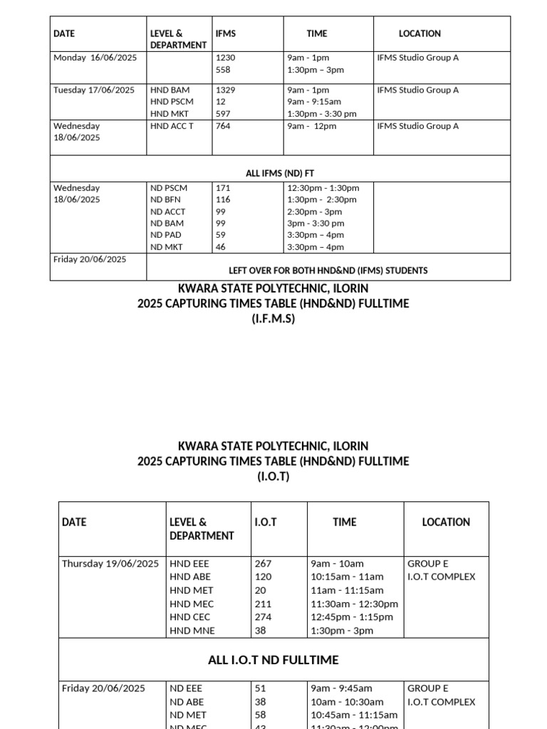 2025 Kwara Polytechnic Timetable | PDF