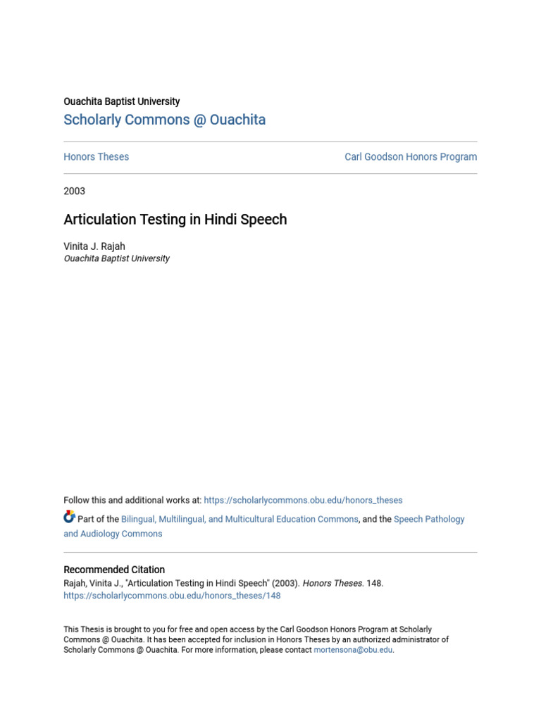 Hindi Speech Articulation Testing | PDF | Speech | Learning