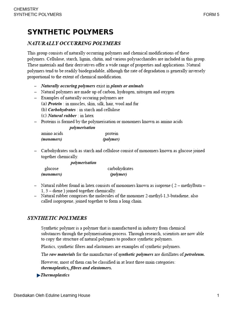 Overview of Synthetic Polymers | PDF | Polymers | Organic Compounds