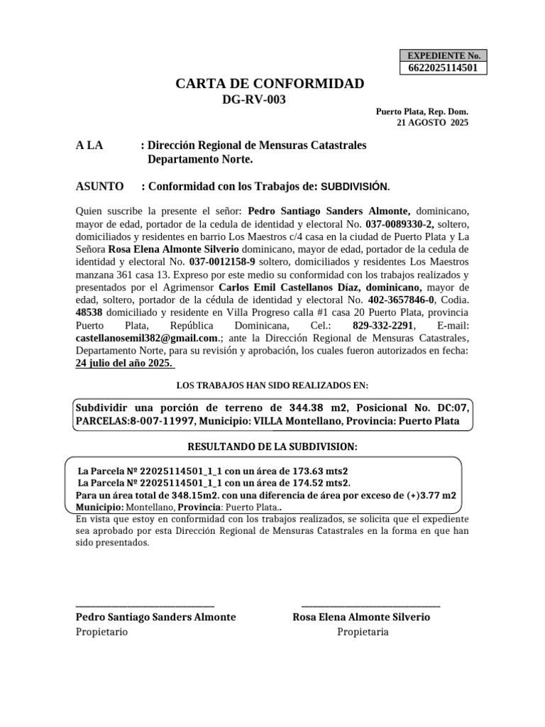 08 Carta Conformidad - Subdivision | PDF