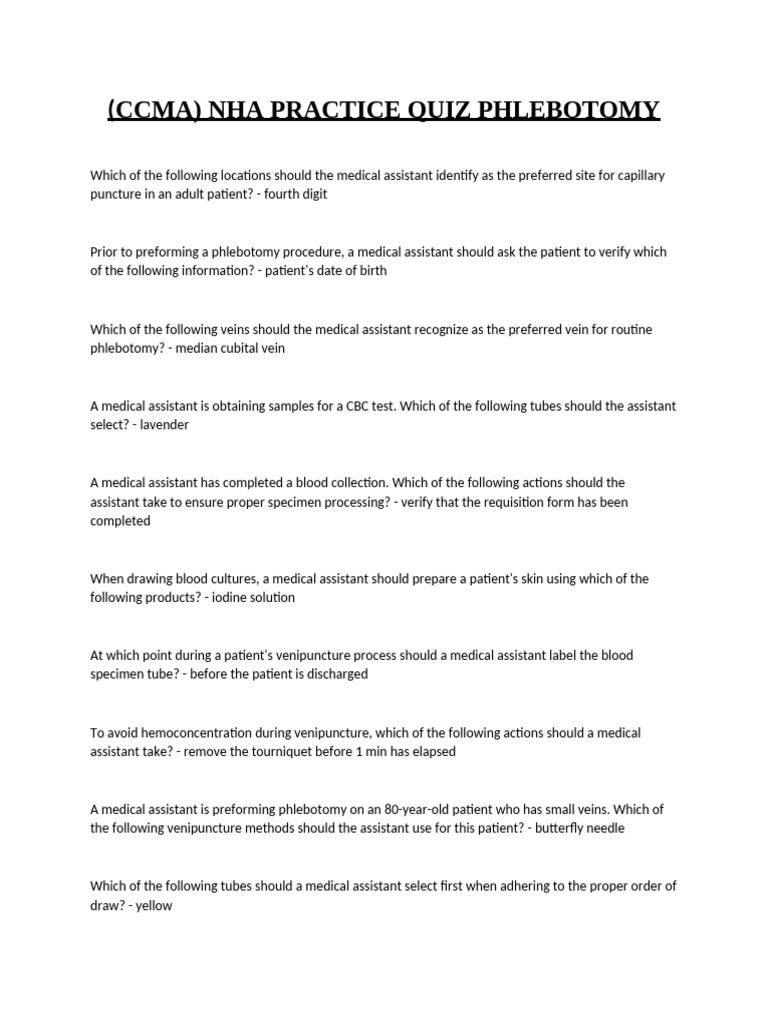 CCMA Phlebotomy Practice Quiz | PDF | Medical Diagnosis | Hematology