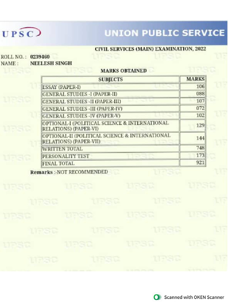 UPSC CSE 2022 Final Marksheet | PDF
