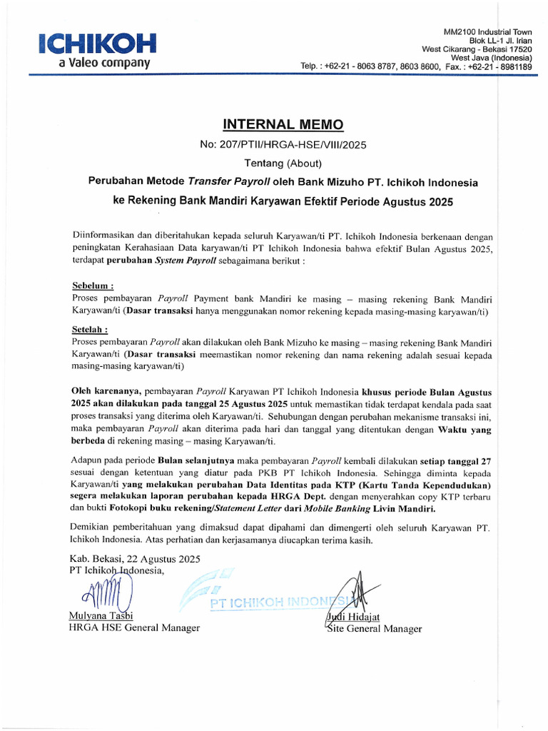 (Internal Memo) Perubahan Metode Transfer Payroll Oleh Bank Mizuho PT ...