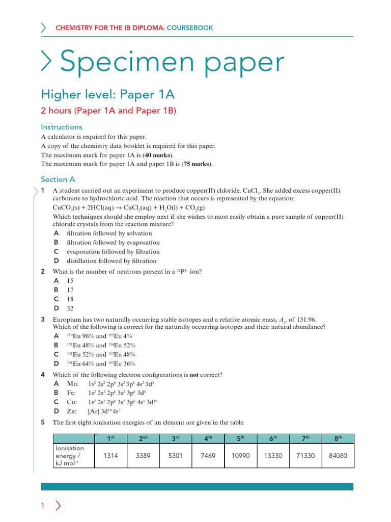IB Chemistry Diploma Specimen Paper 1A | PDF | Mole (Unit) | Chemistry