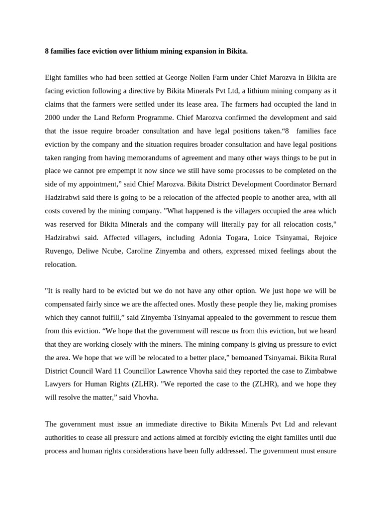 Eviction Threats to 8 Families in Bikita | PDF