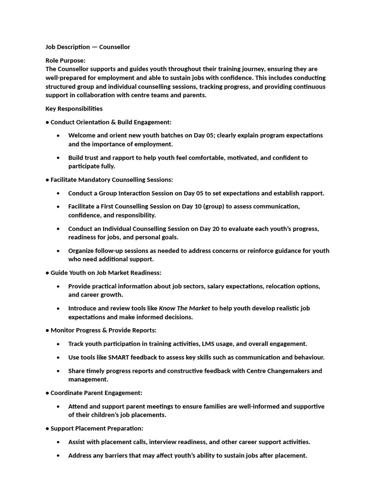 Job Description-Unnati Counsellor | PDF | Social Psychology | Human Communication