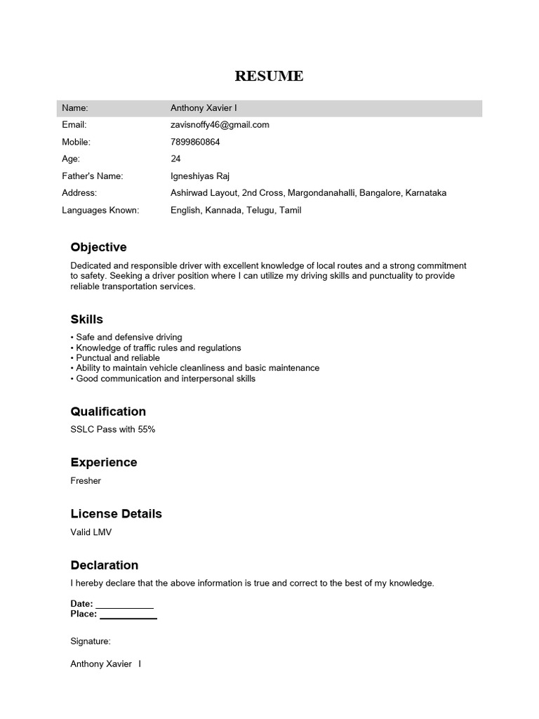 Driver Resume of Anthony Xavier I | PDF